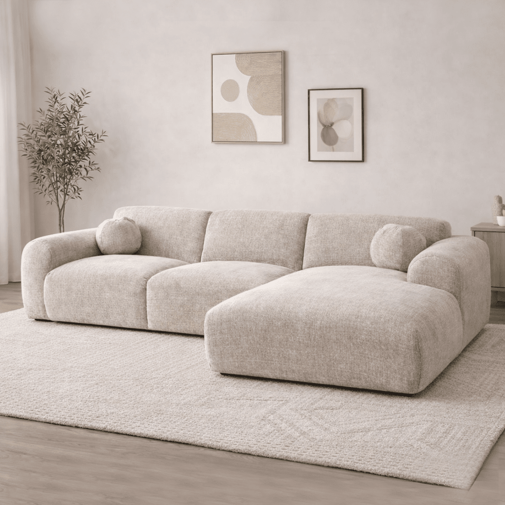 Hoekbank beige chenille stof met lounge Shane - rechts – Dimehouse